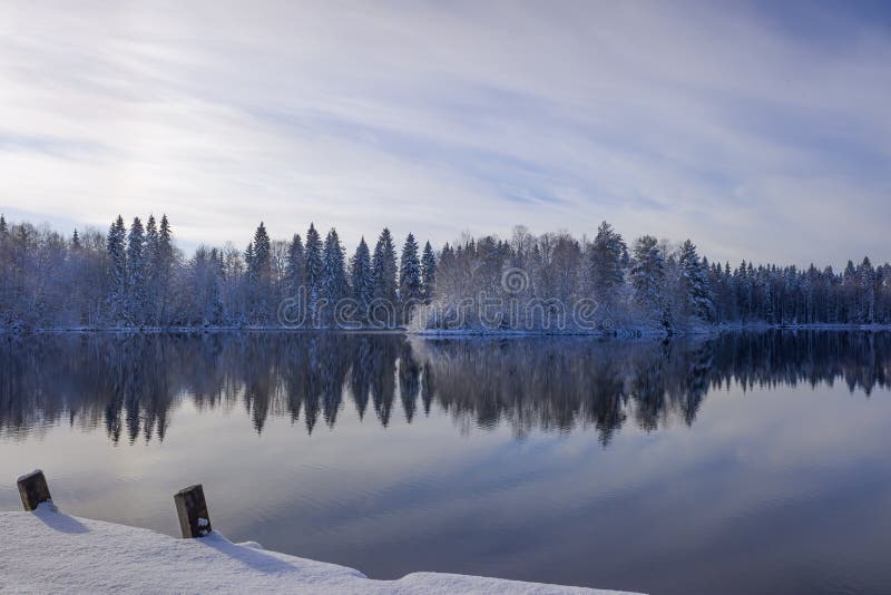 A Snow-covered Forest with the First Snow, a Reflection in the Lake ...