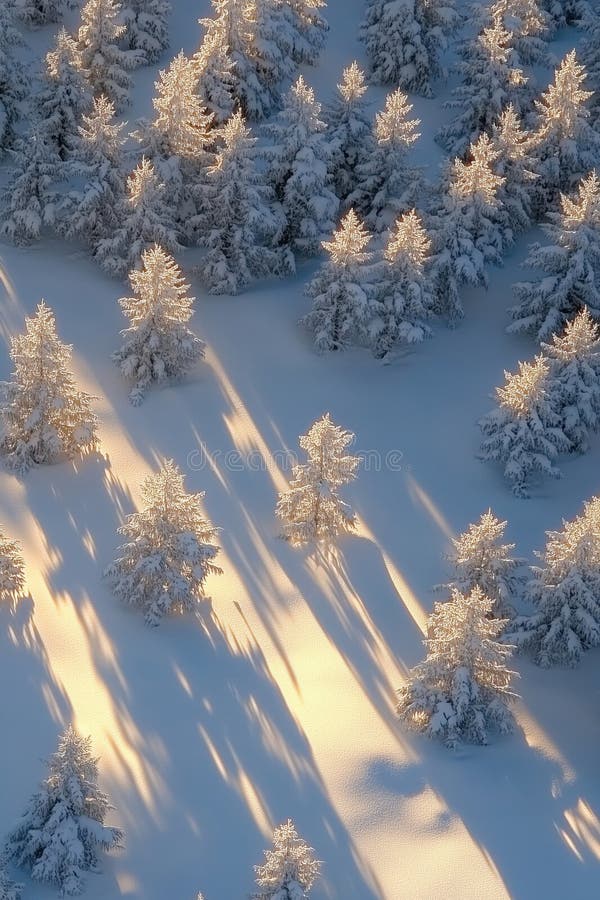 Snow-covered Forest Landscape with Frosted Trees Casting Long Shadows ...