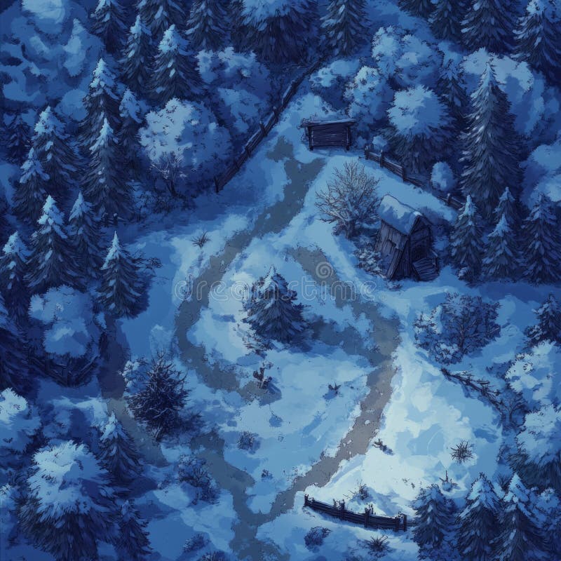 Snow-covered Forest Path with Cabin at Night Under Blue Moonlight Stock ...