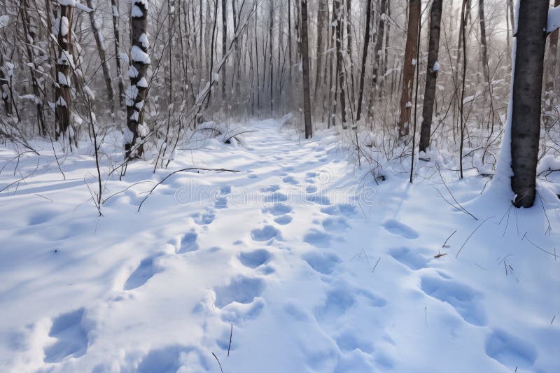 A Snow-covered Forest Path with Footprint Marks Stock Illustration ...