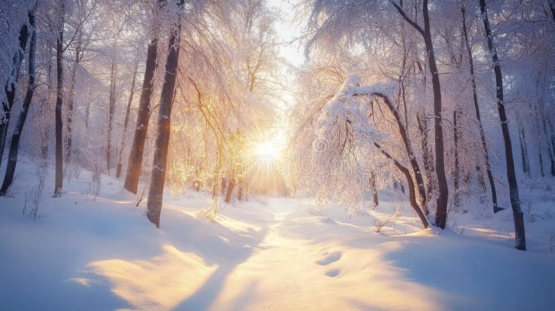 Snow-Covered Forest Path with Golden Sunlight Stock Illustration ...