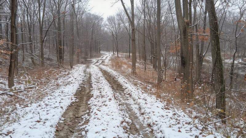 Snow-Covered Forest Path with Muddy Tire Tracks in Winter Stock ...