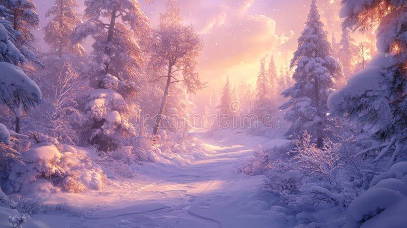 A Snow-Covered Forest Path at Sunset with a Pink Sky Stock Illustration ...