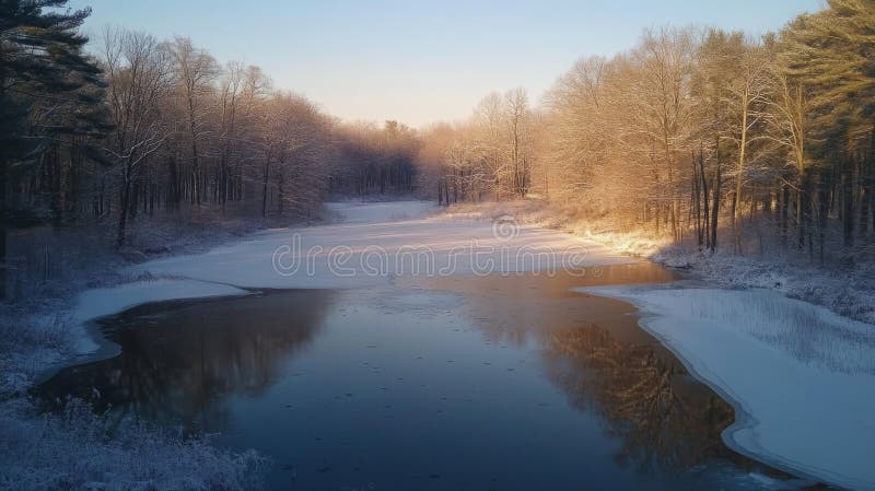 Snow-covered Forest Reflecting in a Partially Frozen River at Sunrise ...
