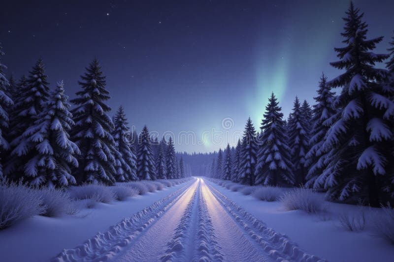 Snow Covered Forest Road Under Starry Night Sky, Forest, Frost Stock ...