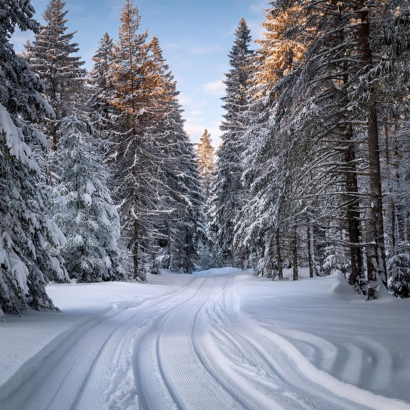 Snow-covered Forest with Sled Tracks Weaving through the Trees Stock ...