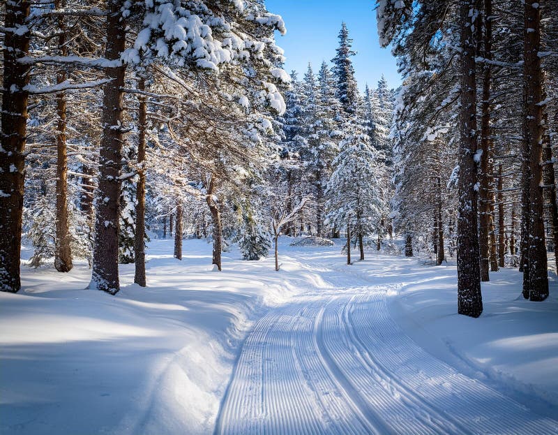 Snow-covered Forest with Sled Tracks Weaving through the Trees Stock ...