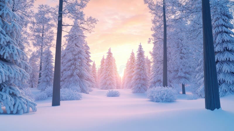 A Snow Covered Forest with Trees and Sun Shining through, AI Stock ...