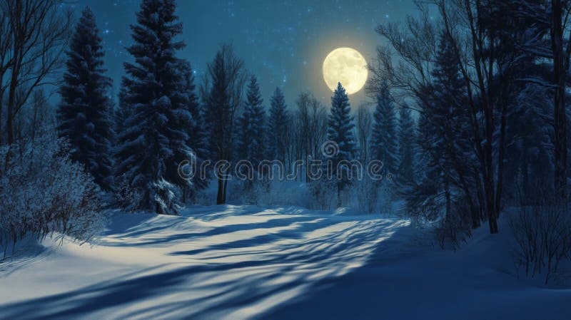 Snow-Covered Forest Under a Full Moon and Starry Night Sky Stock ...
