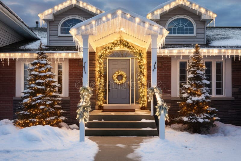 Of a Snow Covered Front Porch with Christmas Decorations Stock Image ...