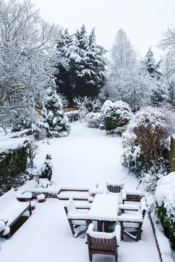 Snow Covered Garden and Patio Stock Photo - Image of covered, fresh ...