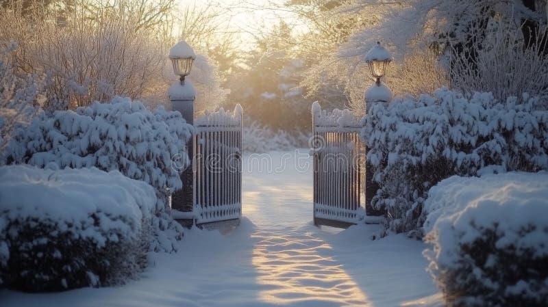 Snow-Covered Gate in a Wintery Landscape Stock Illustration ...