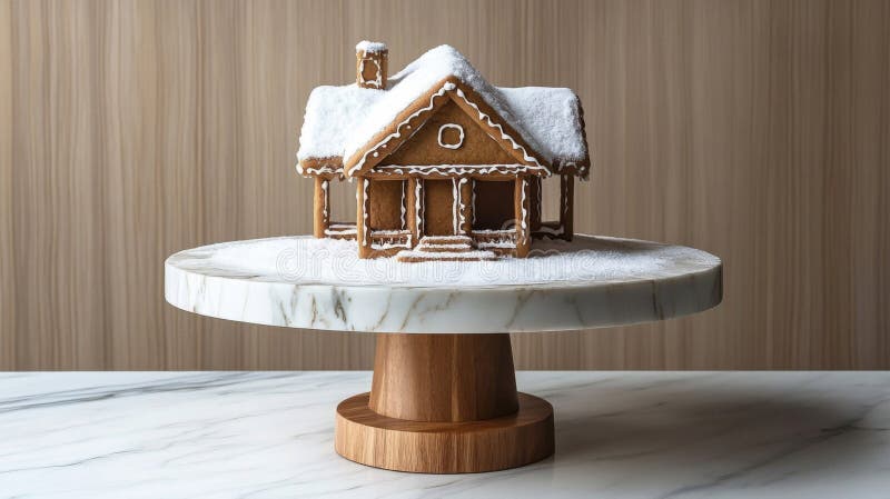 A Snow Covered Gingerbread House Sits on a Marble Cake Stand Stock ...