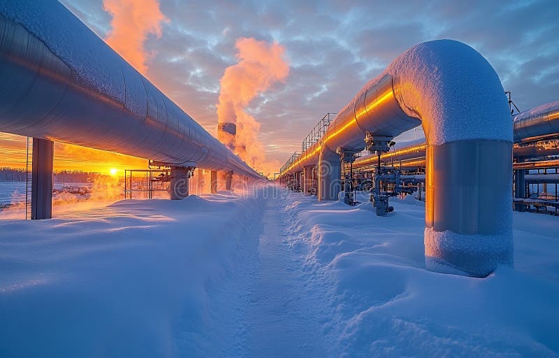 Industrial Pipelines Amidst Winter Landscape with Vibrant Sunset Glow ...