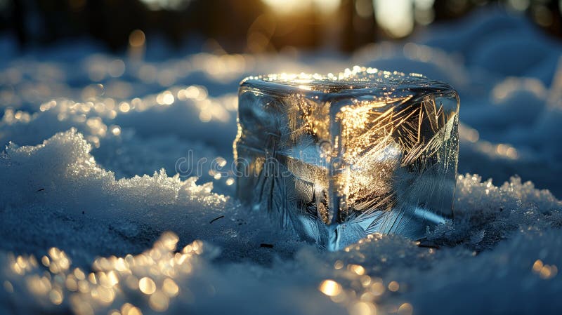 A Snow Covered Ground with Ice on Include One Cube in the Center Stock ...