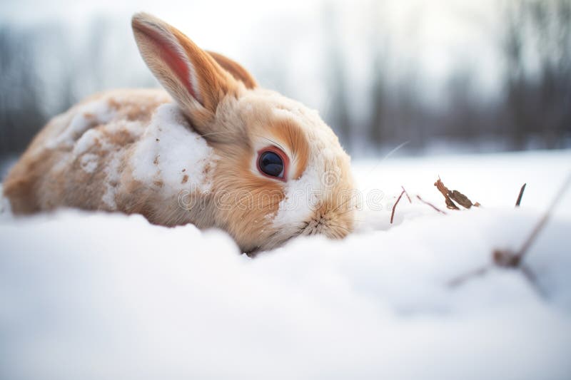 Snow-covered Ground with a Rabbit Digging To Create a Burrow Stock ...