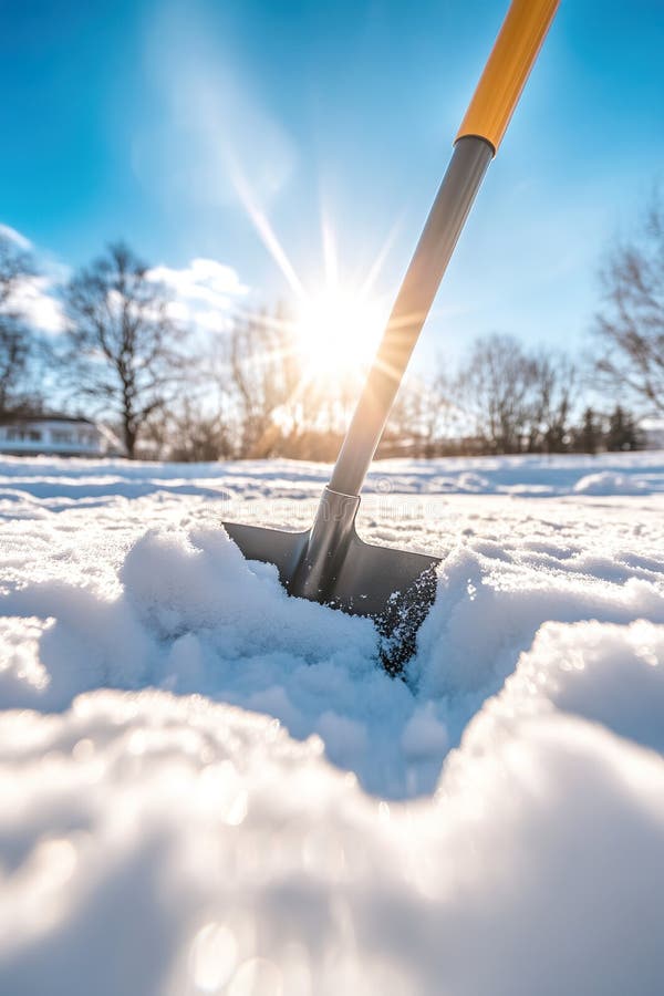 Snow Covered Ground with a Shovel Breaking through Fresh Snow in Bright ...