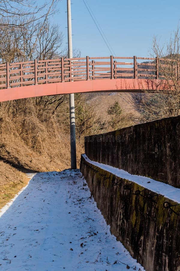 Snow Covered Hiking Trail in Wilderness Park Stock Photo - Image of ...