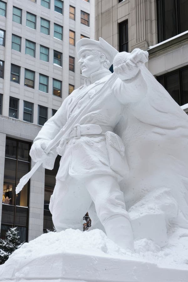 Snow-covered Historic Soldier Statue in Urban Setting Stock ...