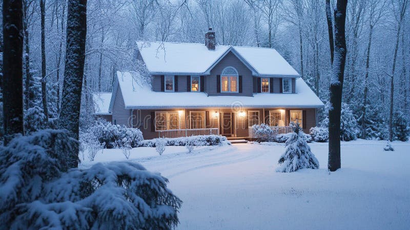 Snow-covered House at Dusk, Warm Interior Lights Visible Stock ...
