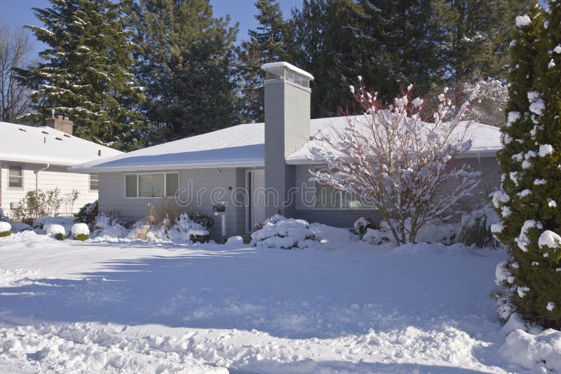 Snow Covered House Gresham Oregon. Stock Image - Image of architecture ...
