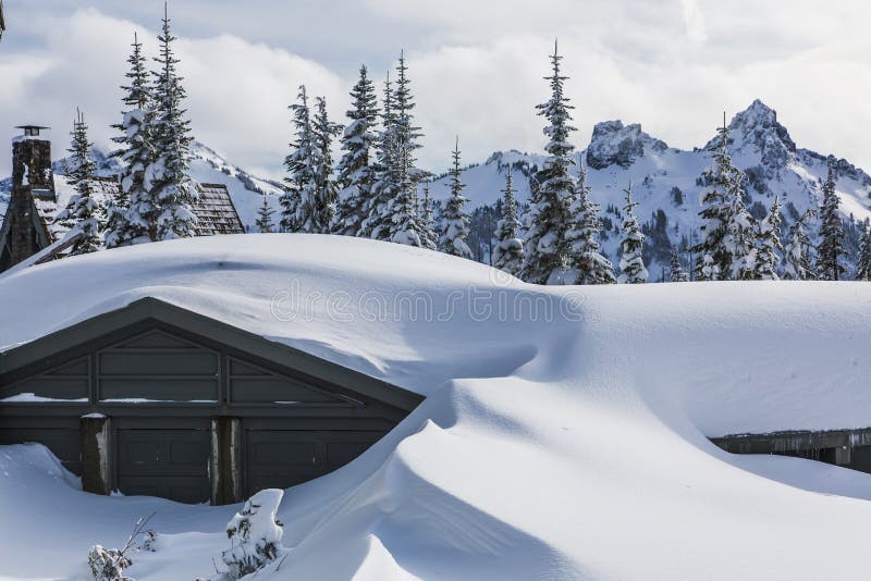 Snow-covered House and Tree in Mountain Rainier Stock Photo - Image of ...