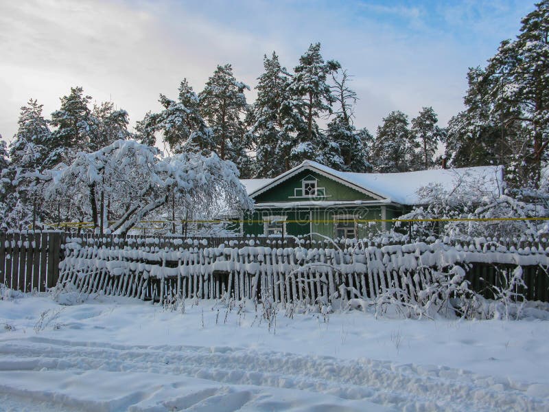 Snow-covered House in a Village Pine Stock Image - Image of mountain ...