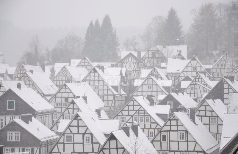 Snow-covered Houses in German Town Stock Image - Image of siegerland ...