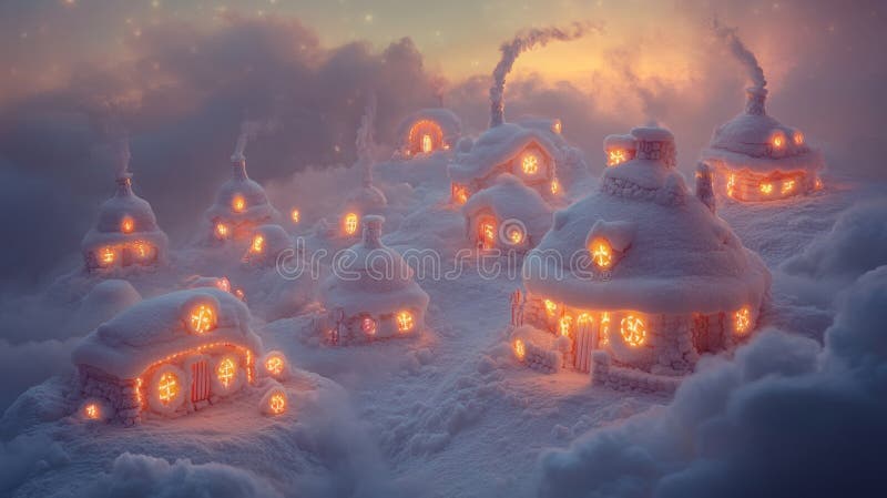 Snow-Covered Houses with Glowing Windows in a Misty Winter Landscape ...