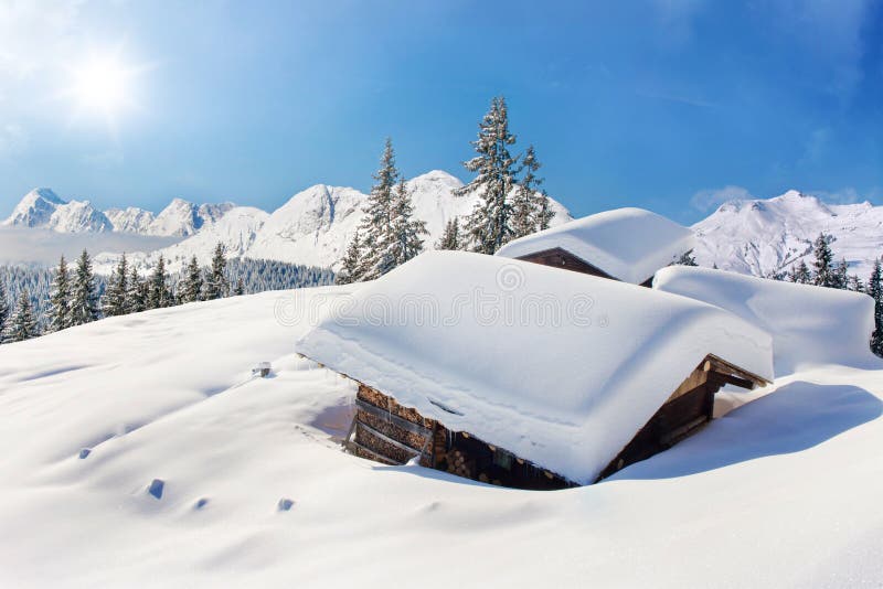 Snow Covered Huts Winter Landscape Stock Photo - Image of landscape ...