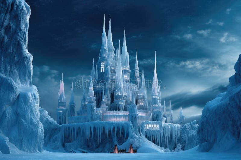 Snow-covered Ice Castle with Moonlit Backdrop Stock Photo - Image of ...