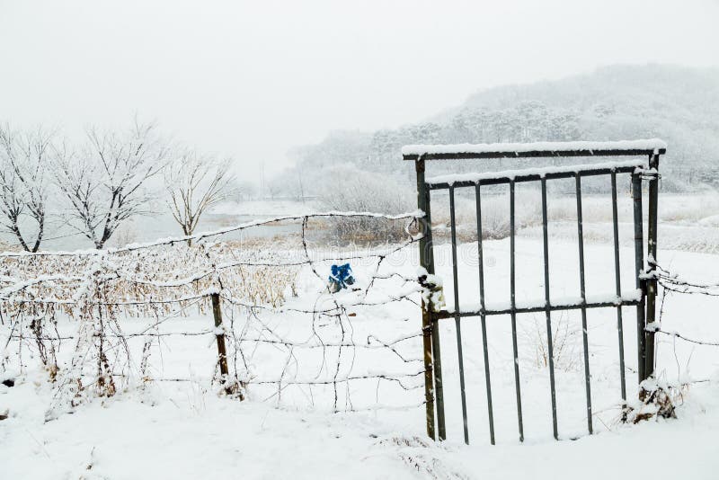 Snow Covered Metal Gate and Wire Fence in Uiwang, Korea Stock Image ...