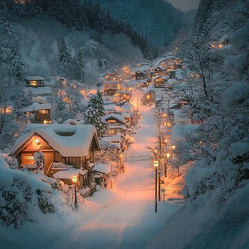 Snow-Covered Japanese Mountain Village at Evening Stock Illustration ...