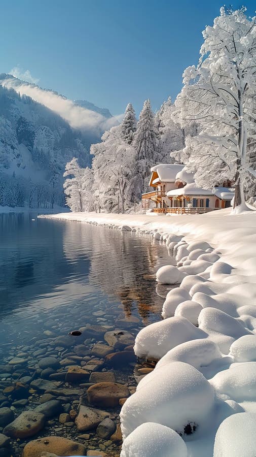 A Snow Covered Lake with Rocks and Trees Stock Image - Image of snow ...