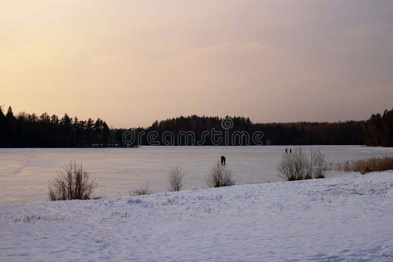 Snow-covered Lake Shore Under Ice at Sunset Stock Photo - Image of ...