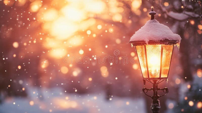 Snow Covered Lamp Post Glowing Warmly in Winter Stock Illustration ...