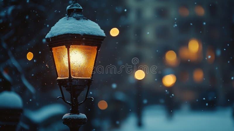 Snow Covered Lamp Post Glowing in Winter Night Stock Illustration ...