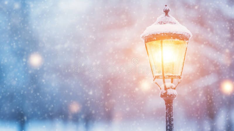 Snow Covered Lamp Post Glowing in Winter Scene Stock Illustration ...
