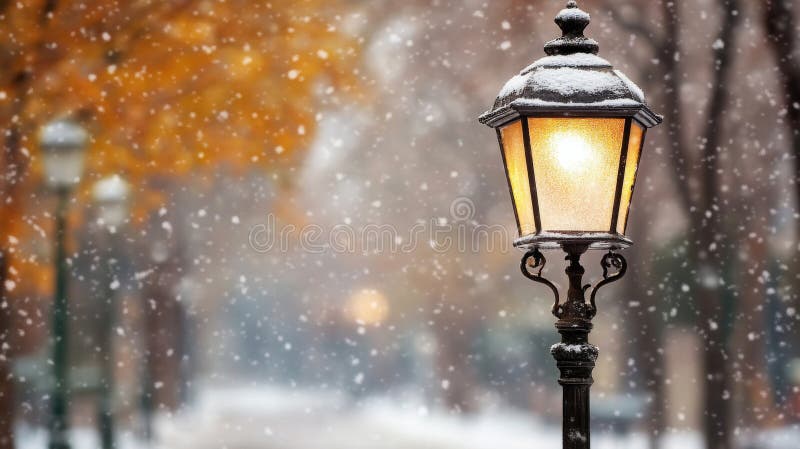 Snow Covered Lamp Post Glowing in Winter Scene Stock Illustration ...