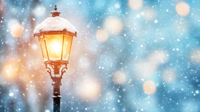 Snow Covered Lamp Post Glowing in Winter Wonderland Stock Illustration ...