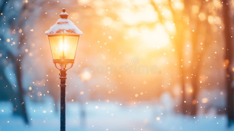 Snow Covered Lamp Post Glowing in Winter Wonderland Stock Illustration ...