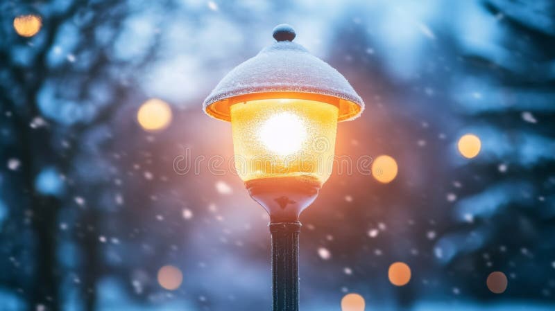 Snow Covered Lamp Post Glows Brightly in Winter Night Stock ...