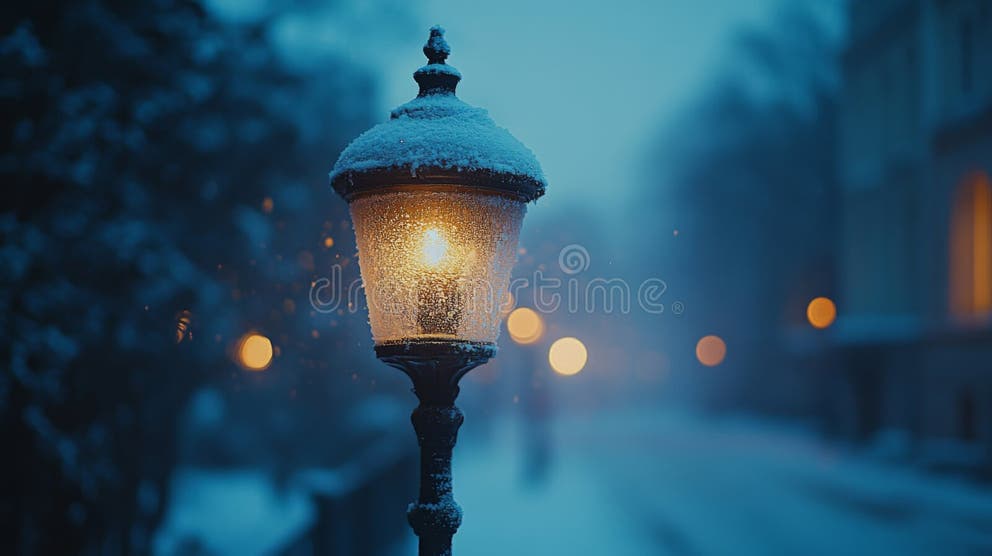 Snow Covered Lamp Post Glows in Winter Night Stock Illustration ...