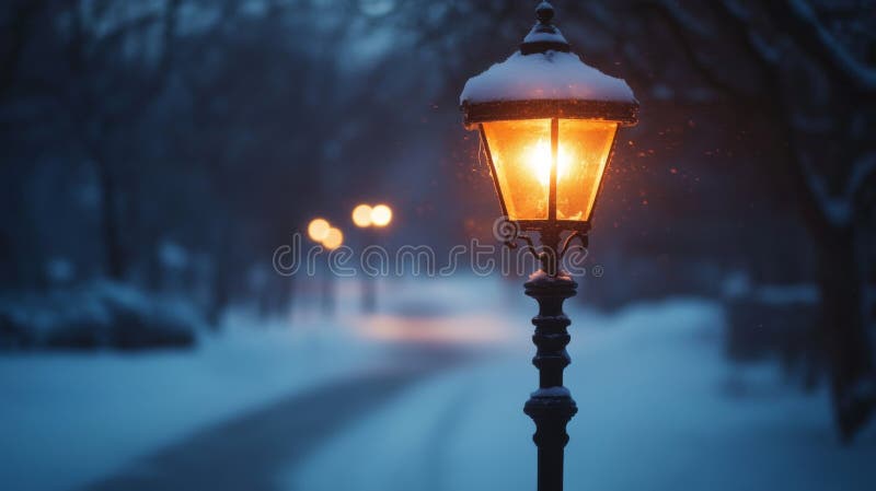 Snow Covered Lamp Post Illuminates Snowy Path Stock Illustration ...