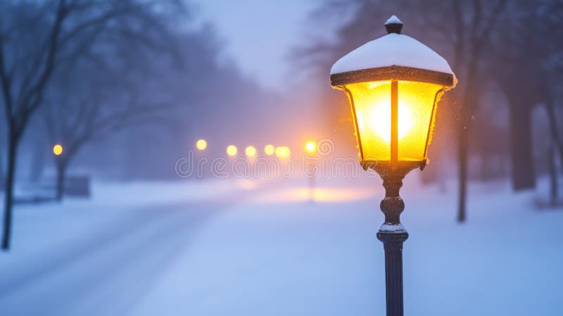 Snow Covered Lamp Post Illuminates Winter Pathway Stock Illustration ...