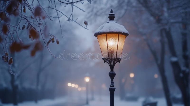 Snow Covered Lamp Post in a Winter Scene Stock Illustration ...