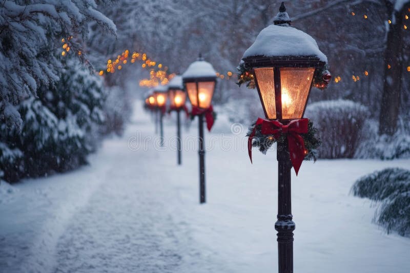 Snow-Covered Lamp Posts Lined with Christmas Lights in a Snowy Forest ...