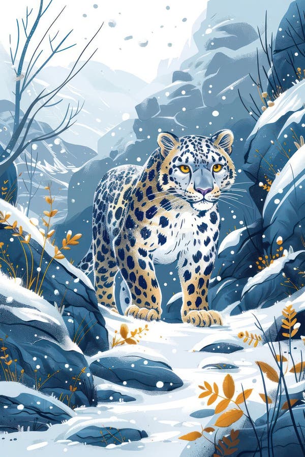 Majestic Snow Leopard in Winter Wonderland Stock Illustration ...