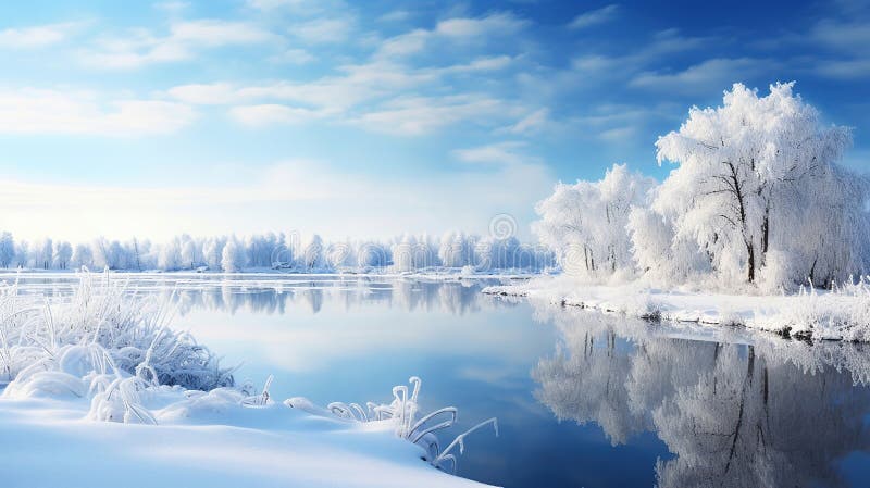 Snow-Covered Landscape with Icy Reflections. Generative Ai Stock Illustration - Illustration of ...