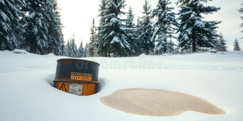Snow-covered Landscape with a Partially Buried Barrel in a Dense Forest ...